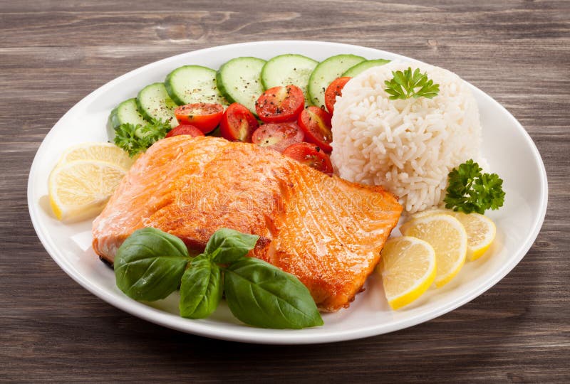 Roasted salmon with rice stock image. Image of fish, barbecue - 75939089