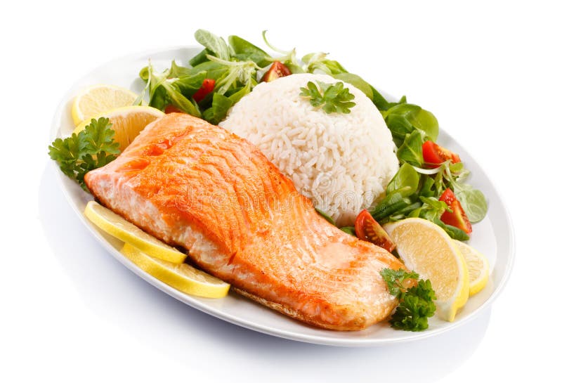 Roasted salmon with rice stock photo. Image of color - 78851246