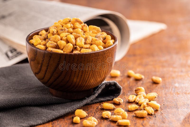 Roasted Salted Corn Snack in Bowl on Wooden Table Stock Photo - Image ...