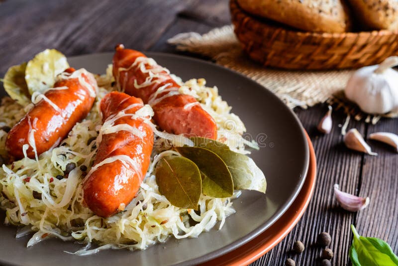 Roasted Sausages with Steamed Cabbage Stock Image - Image of ...