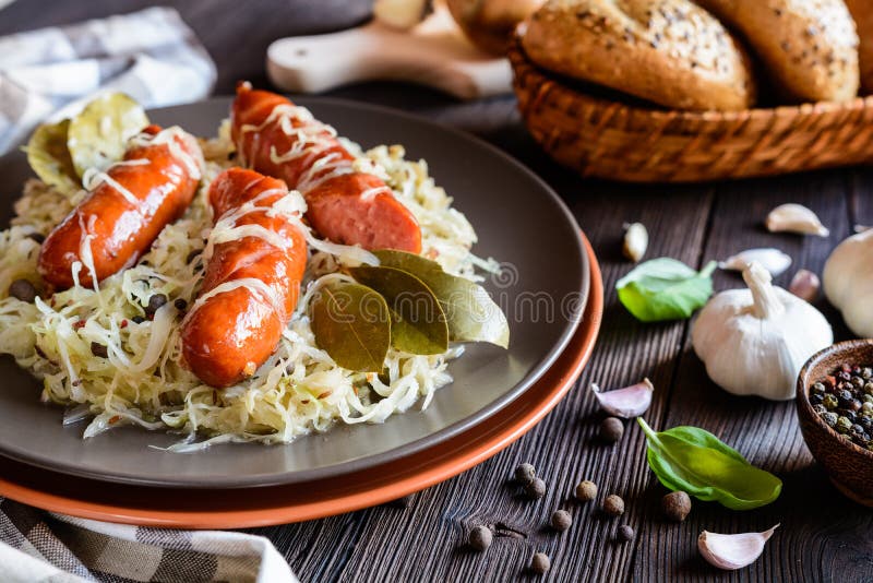 Roasted Sausages with Steamed Cabbage Stock Image - Image of food ...