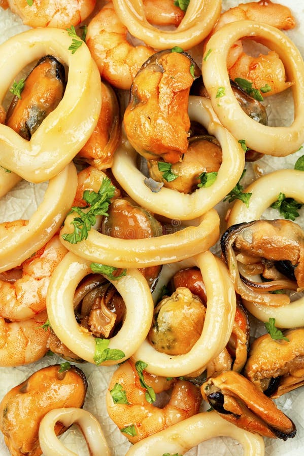 Roasted Seafood, Mixed Seafood Stock Image - Image of octopus, squid ...