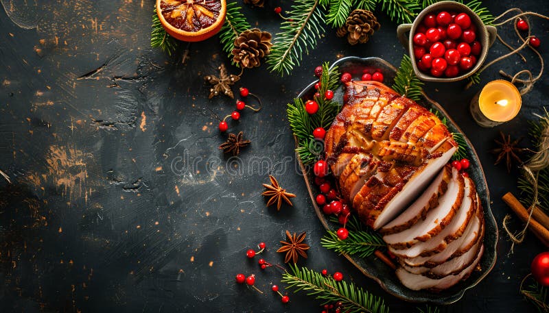 Roasted Sliced Christmas Ham of Turkey on Dark Rustic Background Stock ...