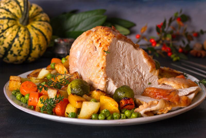 Roasted Sliced Turkey Breast. Thanksgiving Dinner Table. Stock Photo ...