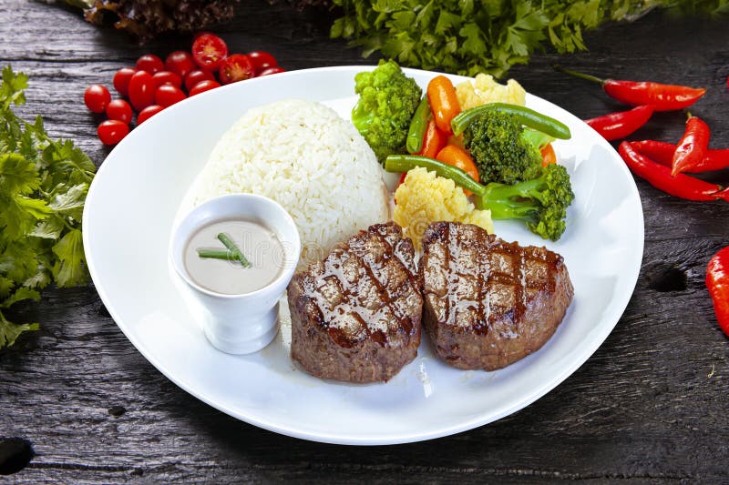 Roasted Steak Meat, Rice and Vegetables Stock Photo - Image of ...