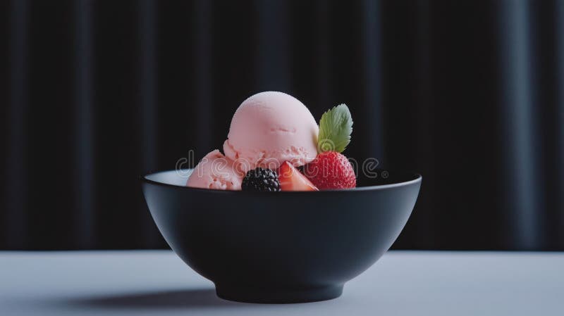 Roasted Strawberry Ice Cream Delight in a Black Bowl Stock Image ...