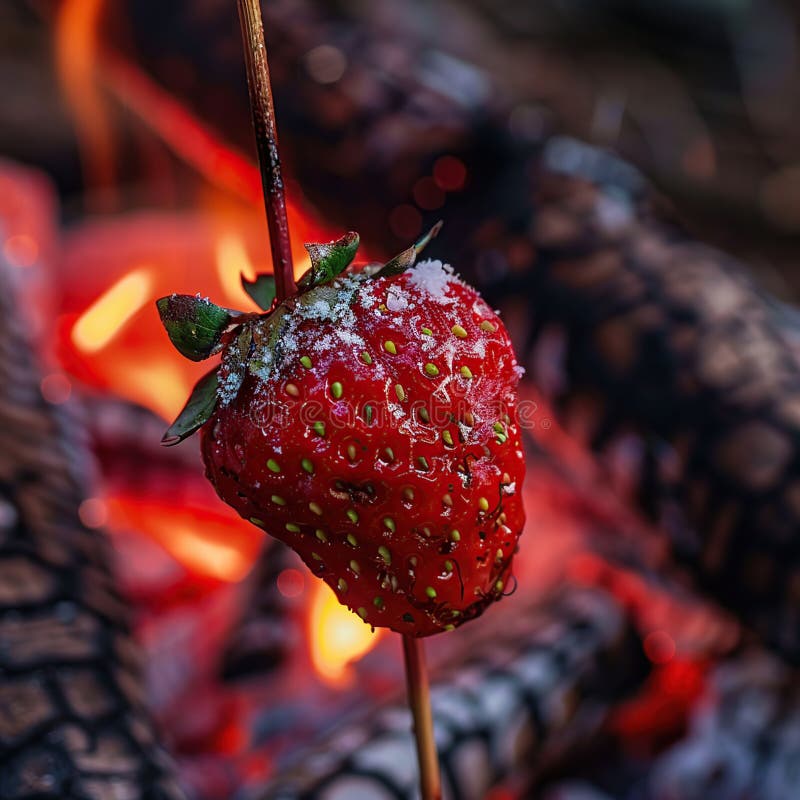 Roasted Strawberry on a Stick Over Campfire Flames Stock Illustration ...