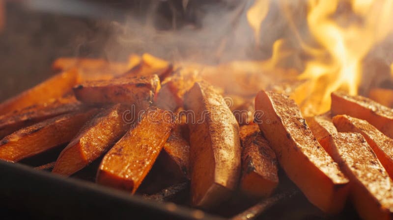 Roasted Sweet Potatoes on a Grill Over an Open Fire Stock Illustration ...