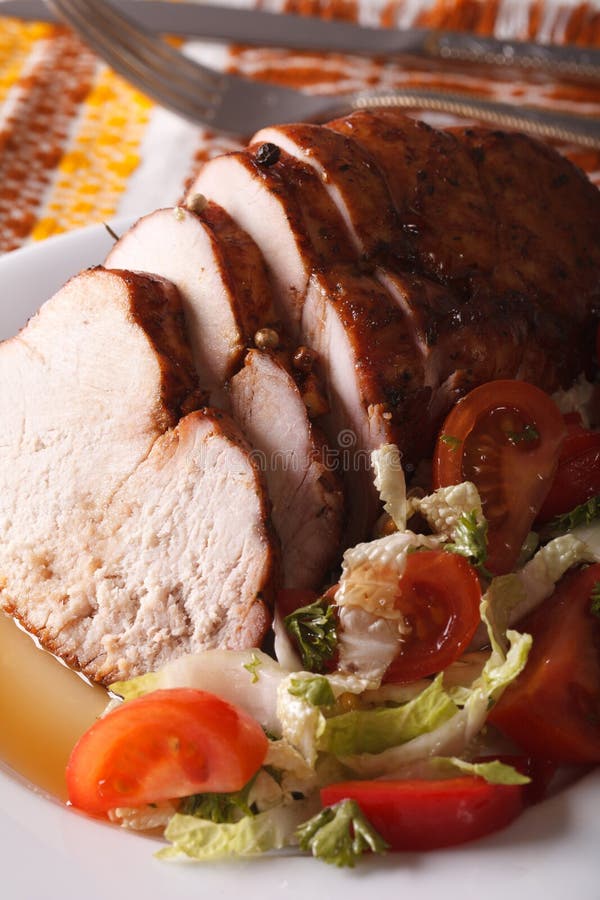 Roasted Turkey Breast and Fresh Vegetables Macro. Vertical Stock Photo ...