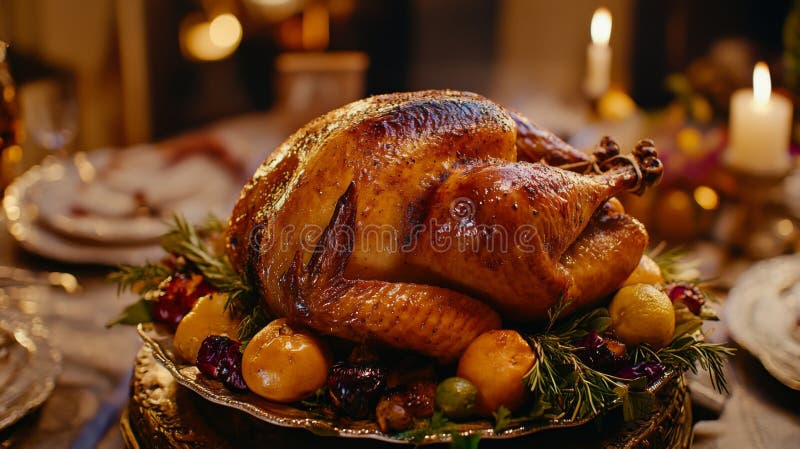 Roasted Turkey Centerpiece on Silver Platter with Garnishes Stock ...