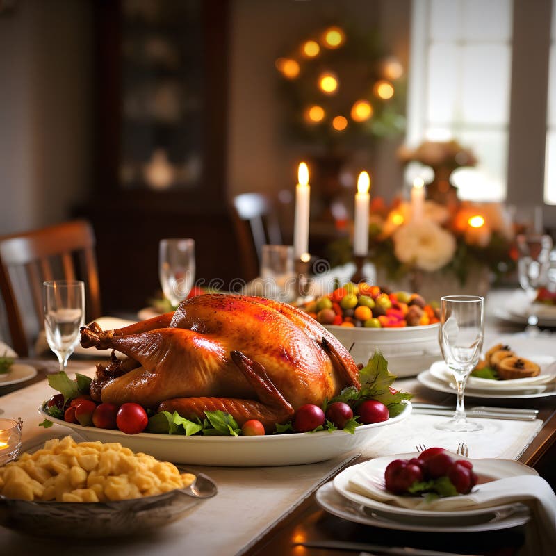Roasted Turkey Dinner Table Setting Stock Illustration - Illustration ...
