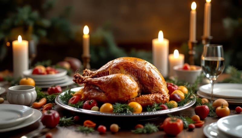 Roasted Turkey Displayed on Festive Table Setting with Candle Light ...