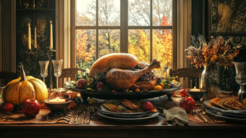 Roasted Turkey Feast Table Setting with Fall Window View Stock ...