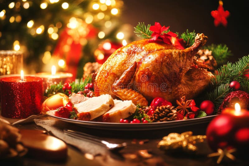 Roasted Turkey with Festive Christmas Decorations on a Table Stock ...