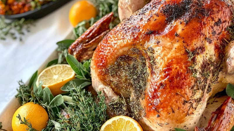 Roasted Turkey Garnished with Herbs and Citrus Fruits on a Platter ...