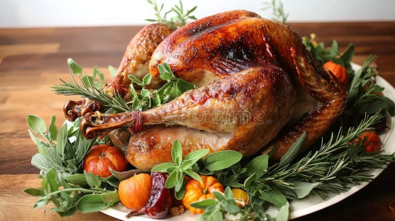 Roasted Turkey Garnished with Herbs and Fruits on a Platter Stock Photo ...