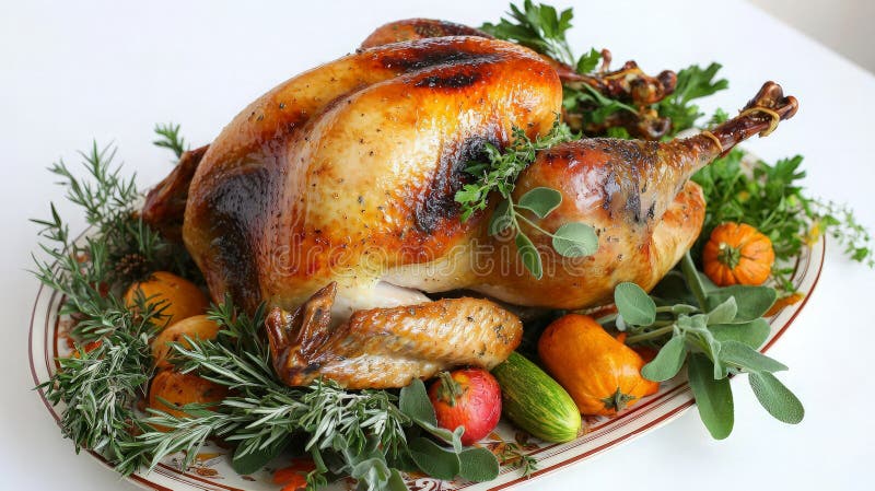 Roasted Turkey Garnished with Herbs and Vegetables on a Platter Stock ...