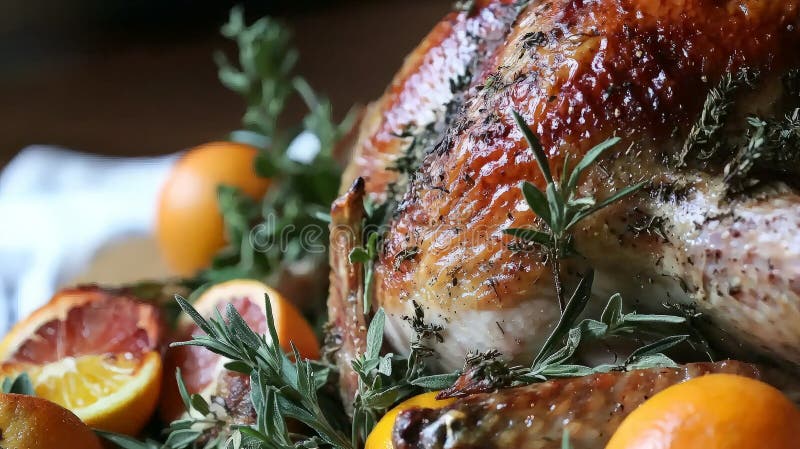 Roasted Turkey Garnished with Oranges and Herbs. (1 Stock Image - Image ...