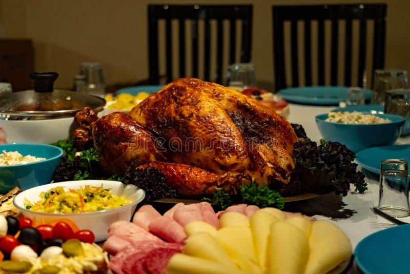 Roasted Turkey on Holiday Table Stock Photo - Image of food, organic ...