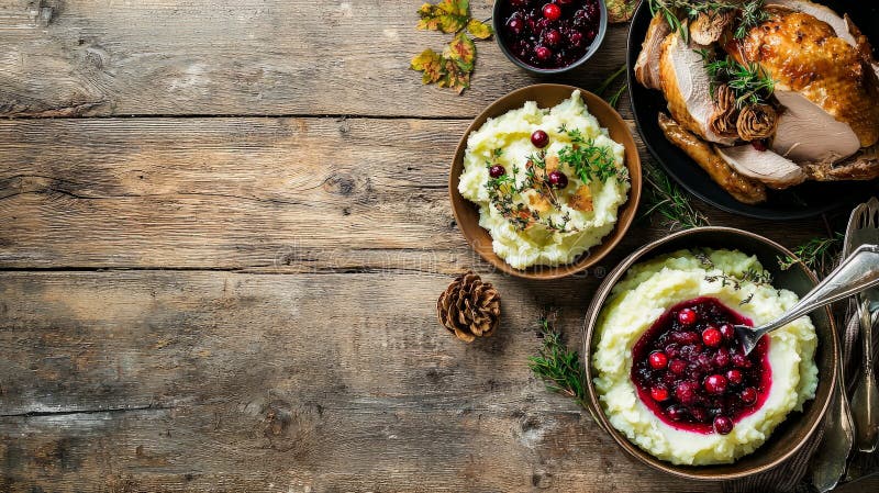 Roasted Turkey, Mashed Potatoes, and Cranberry Sauce on Rustic Wooden ...