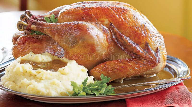 Roasted Turkey with Mashed Potatoes and Gravy on a Platter Stock Photo ...