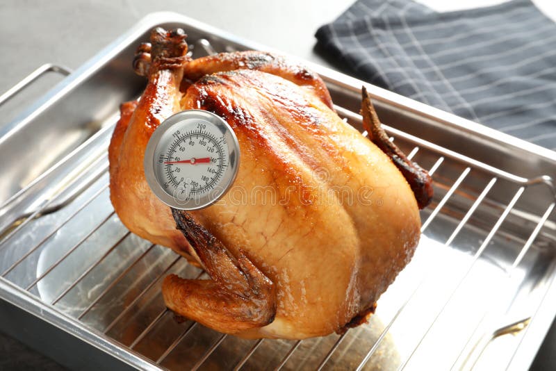Roasted Turkey with Meat Thermometer Stock Photo - Image of lunch ...
