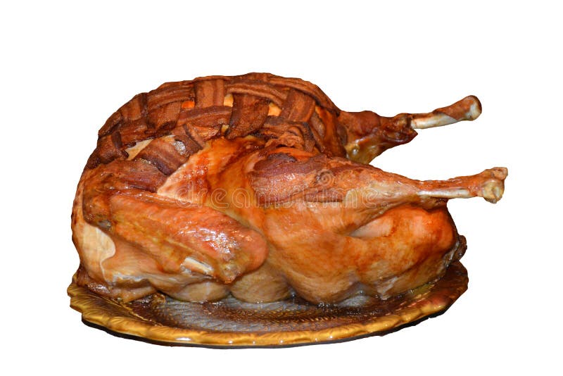 Roasted Turkey on Plate on Isolated White Background. Thanksgiving ...
