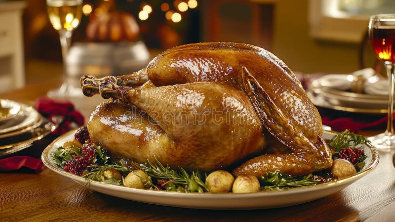 Roasted Turkey on Platter with Garnishes, Served on a Table with Wine ...