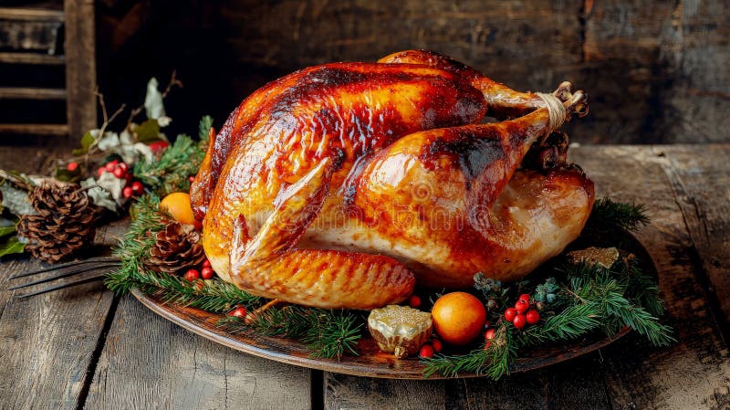Roasted Turkey on Platter with Holiday Decorations Stock Photo - Image ...