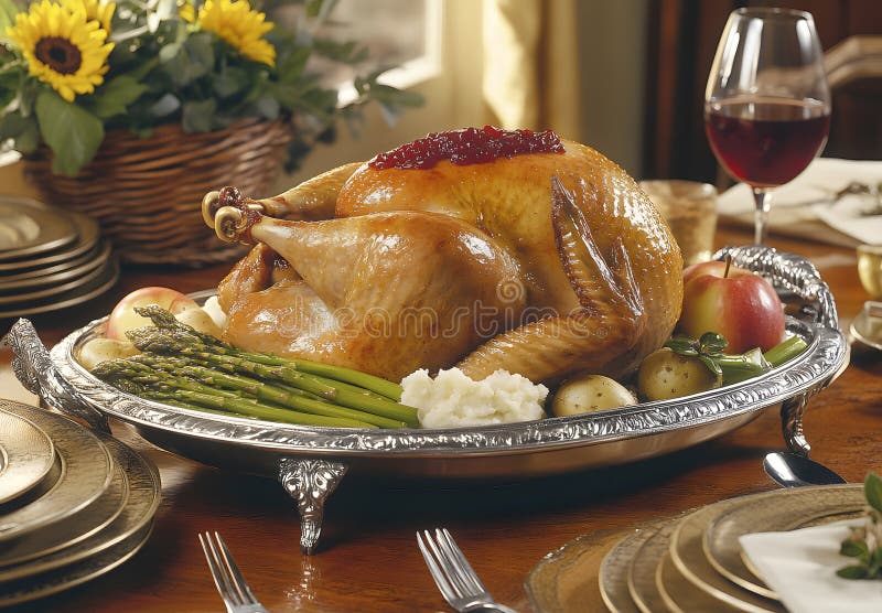 Roasted Turkey Platter with Side Dishes and Wine Stock Illustration ...