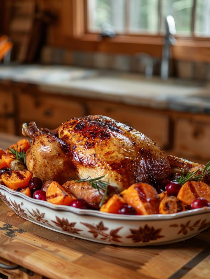 A Roasted Turkey on a Platter with Vegetables in a Rustic Kitchen ...