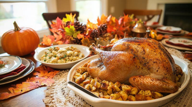 Roasted Turkey with Potatoes and Fall Decor on Thanksgiving Table Stock ...