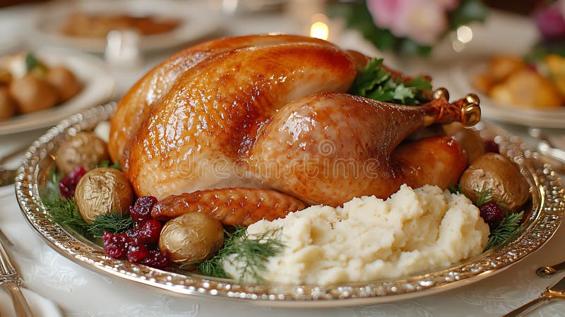 A Roasted Turkey with Potatoes, Mashed Potatoes, Cranberries, and Herbs ...