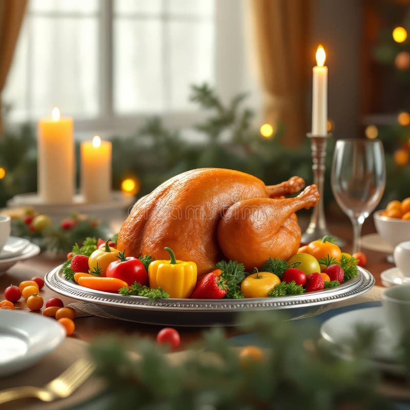 Roasted Turkey Presentation on Table with Candles and Festive ...