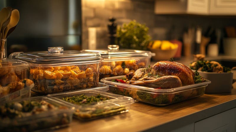 Roasted Turkey and Side Dishes in Glass Containers on a Kitchen ...
