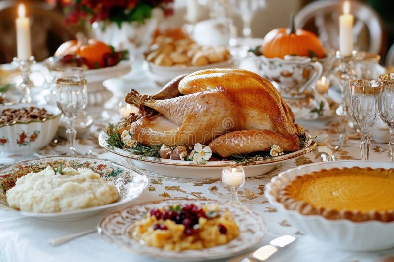 Roasted Turkey with Side Dishes on a Table Setting Stock Illustration ...