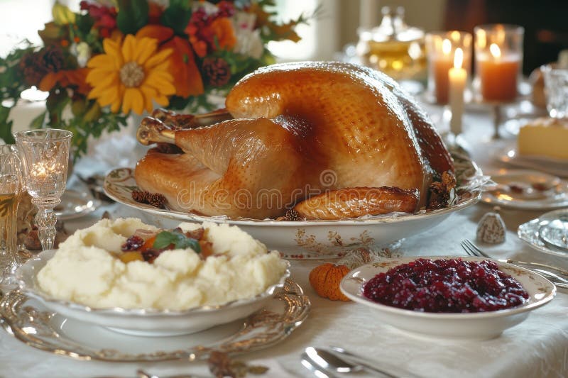 Roasted Turkey and Sides Served on a Table Setting Stock Illustration ...
