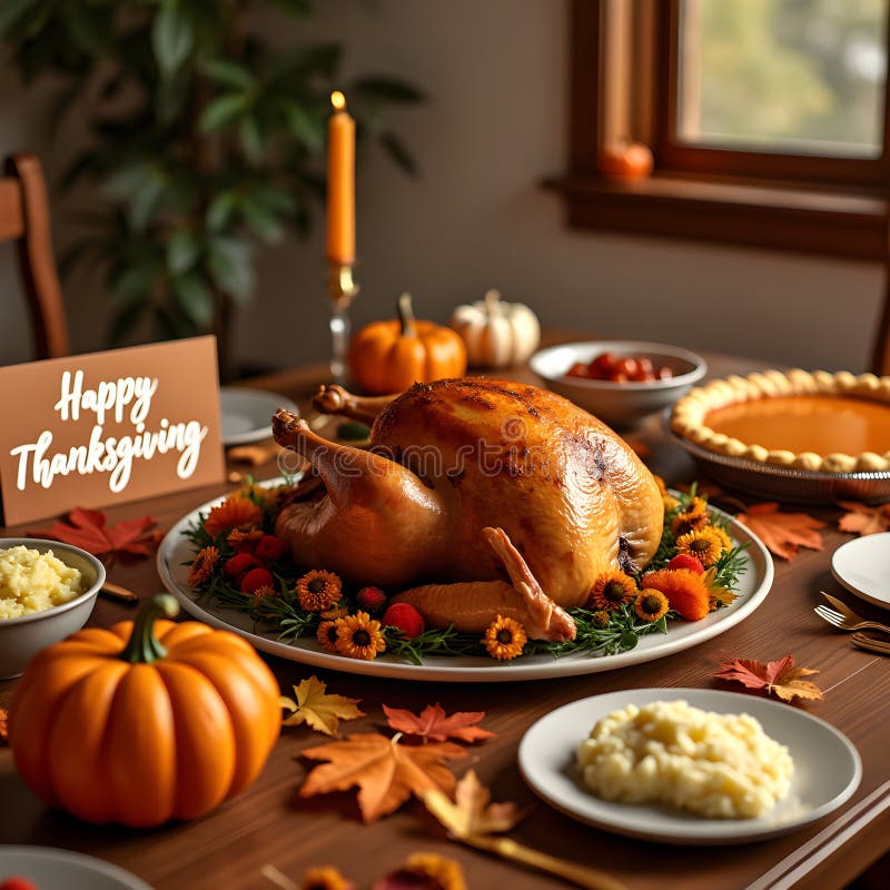 A Roasted Turkey on a Table. the Content is "Happy Thanksgiving Stock ...