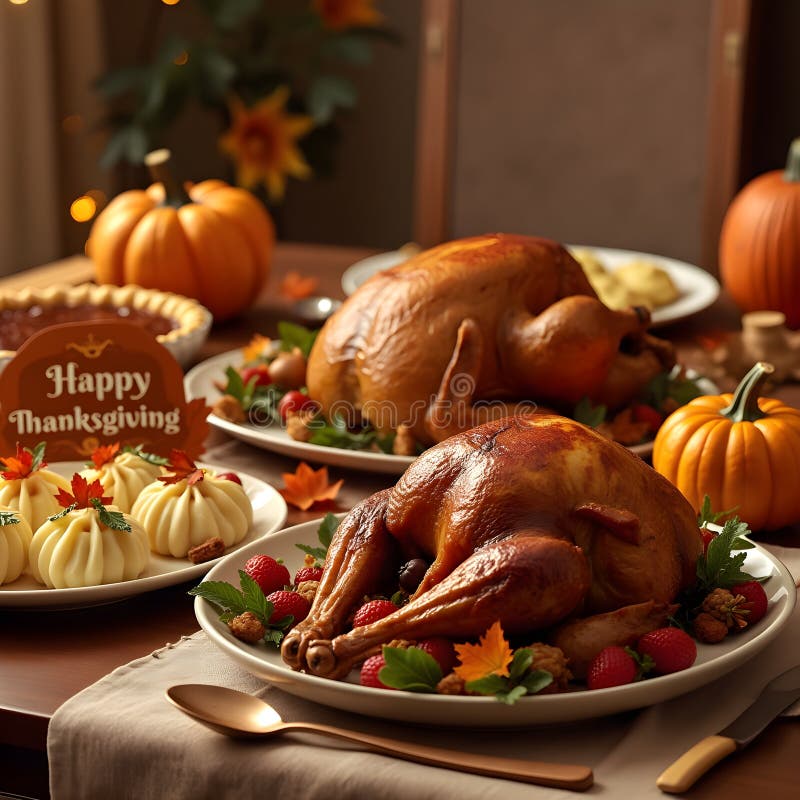 A Roasted Turkey on a Table. the Content is "Happy Thanksgiving Stock ...
