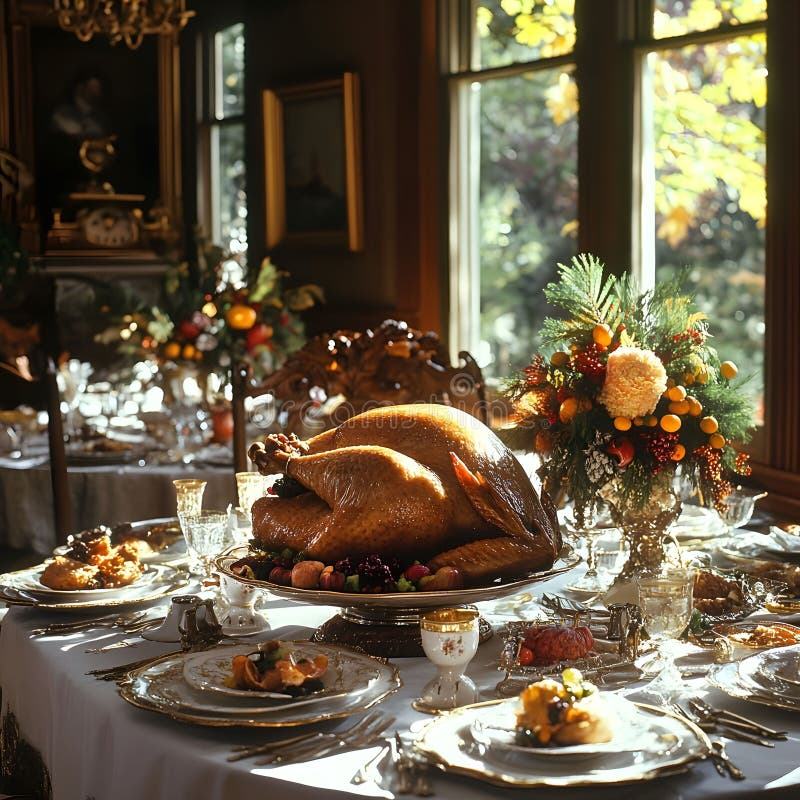 Roasted Turkey on a Table Setting Stock Illustration - Illustration of ...