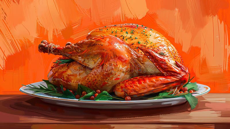 Roasted Turkey on a Table with Vibrant Orange Backdrop Stock Photo ...