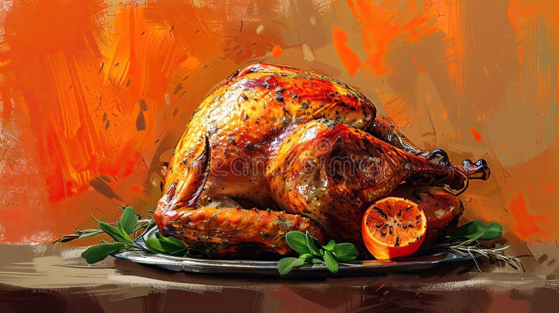 Roasted Turkey on a Table with Vibrant Orange Backdrop Stock Photo ...
