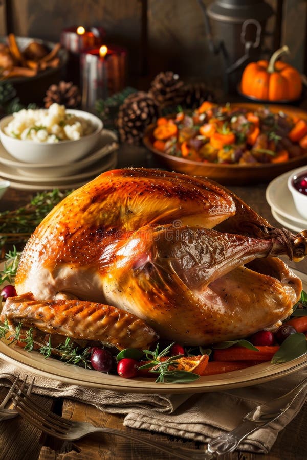 Roasted Turkey on a Thanksgiving Table Golden Brown Turkey with Sides ...