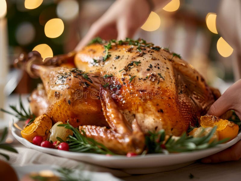 Hands Serving a Thanksgiving Turkey with Holiday Decor Stock Photo ...