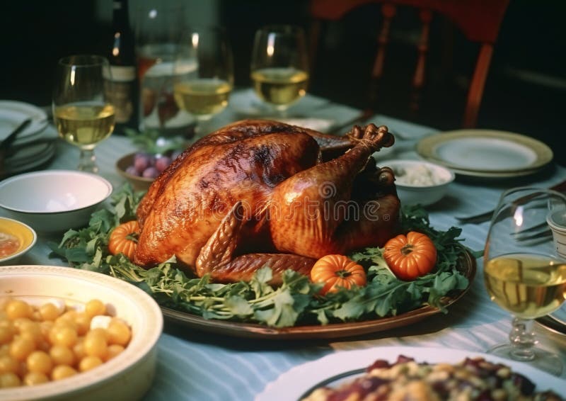Roasted Turkey and Wine on Festive Thanksgiving Table, AI Generated ...