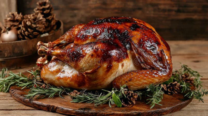 Roasted Turkey on Wooden Board with Rosemary and Pine Cones Stock Image ...