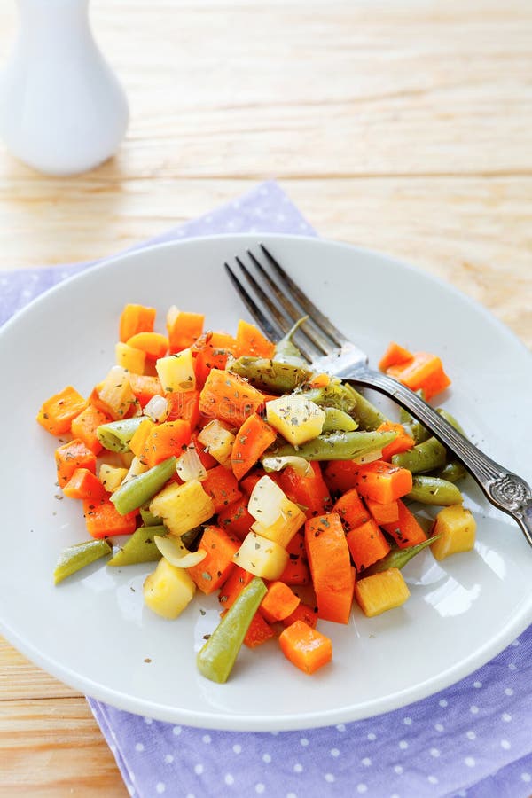 Roasted Vegetable Mix on Plate Stock Image - Image of parsnips, wooden ...