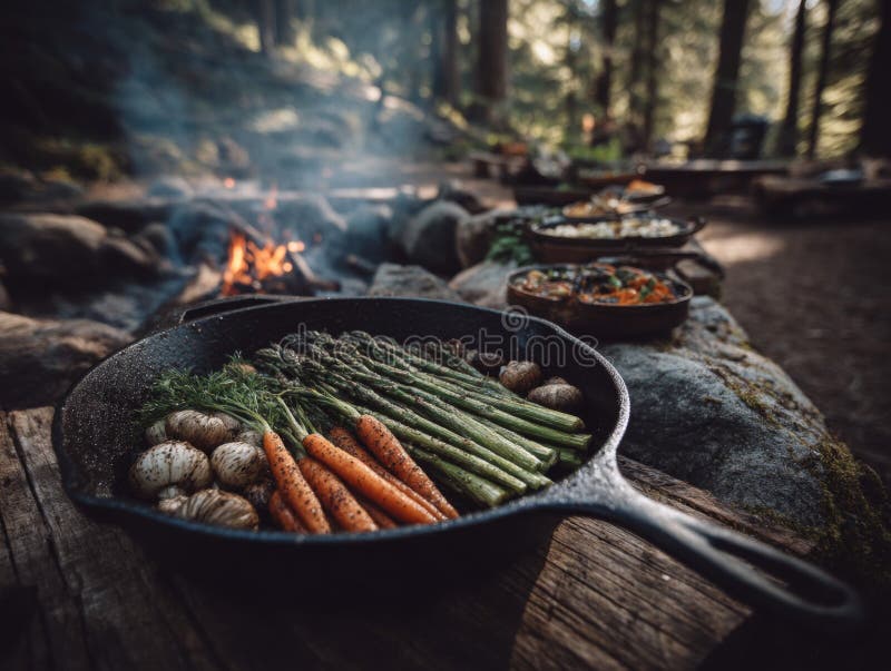 Roasted Vegetables in Cast Iron Skillet by Campfire Stock Illustration ...