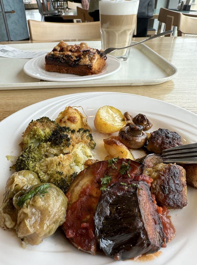 Roasted Vegetables, Latte Macchiato and a Check Stock Image - Image of ...