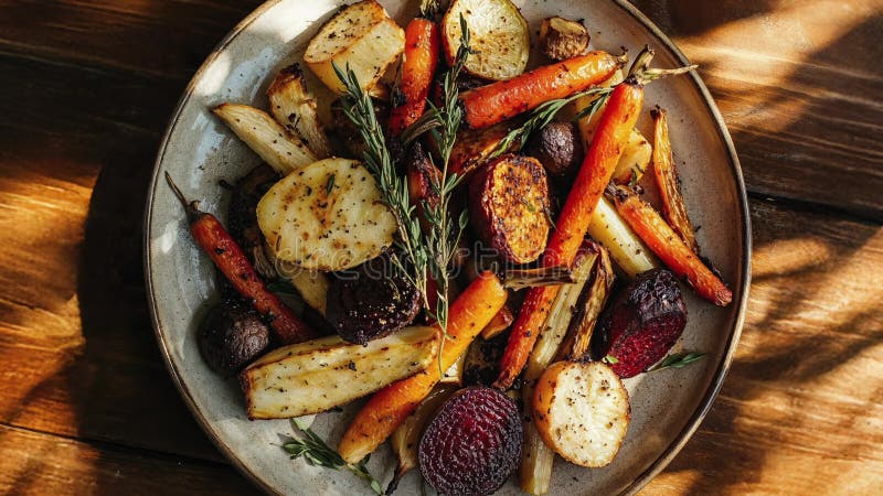 Roasted Vegetables on Rustic Wooden Table with Sunlight Stock Footage ...